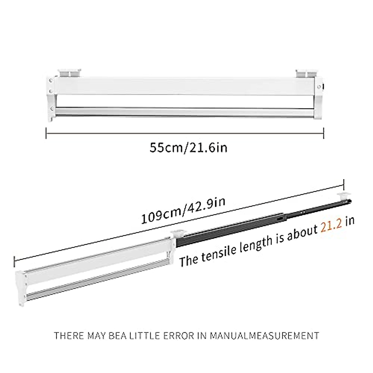 550mm/21.6'' Pull-Out Closet Valet Rod Adjustable Wardrobe Clothing Rail Top Mount Wardrobe Hanger Rack Bar Ball Bearing Slide Heavy Duty