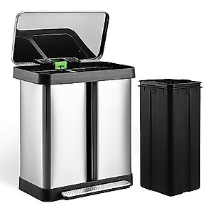 17.5 Gallon Dual Trash Can, Two Compartment Trash Can, Trash Can with Recycling Bin Combo, Double Garbage Cans for Kitchen, 8 +9.5 Gallons, Stainless Steel