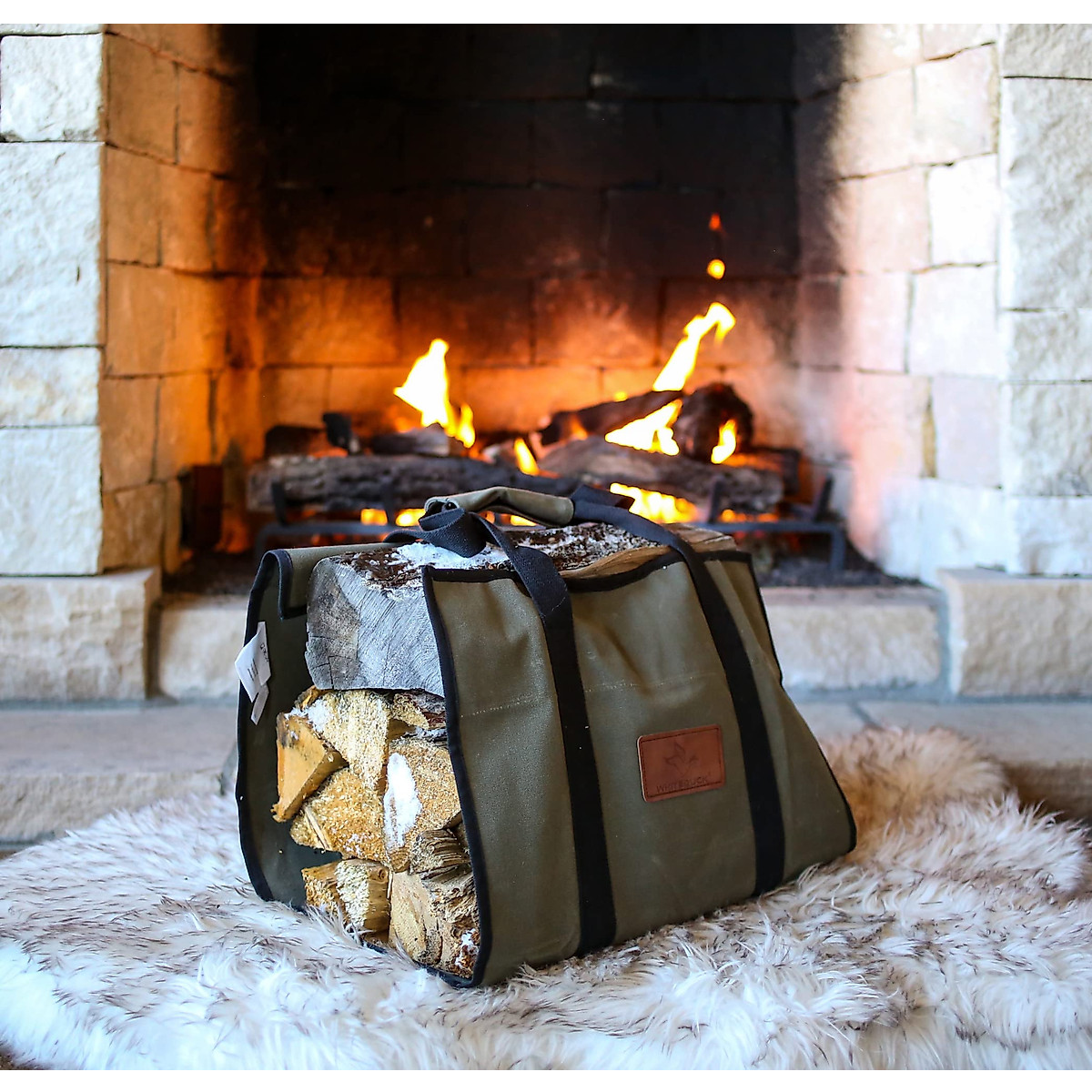 WHITEDUCK TUFF Large Firewood Carrier 21 Oz. Heavy Duty Waxed Canvas Log Carrier Holder for Fireplace, Carrying Wood Indoor & Outdoor (Olive, Rectangle (39"x18"))