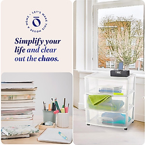 HOMZ Drawer Tower, 3-Tier Wide Clear Plastic Storage Organizer Cart, White Frame