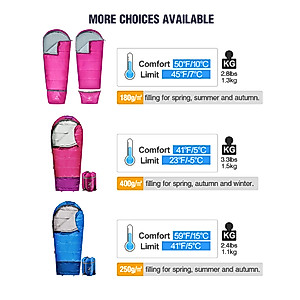 REDCAMP Kids Mummy Sleeping Bag for Camping Zipped Small, 40 Degree 3 Season Cold Weather Fit Boys,Girls & Teens (Pink with 2.4lbs Filling)