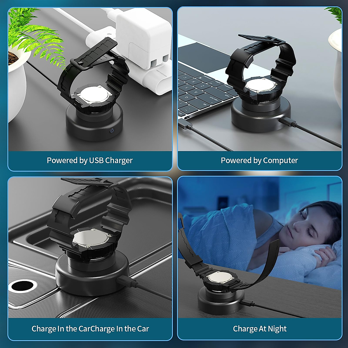 ECEEN Solar Watch Charger, 8 Hours Timing Off with Men, Women & Square 3 Caps, LED UV Light Charge Eco Driver Watches Compatible Casio/Tough/Protrek/Seiko/Citizen/Garmin/Timex/Bering/FANMIS (Black)