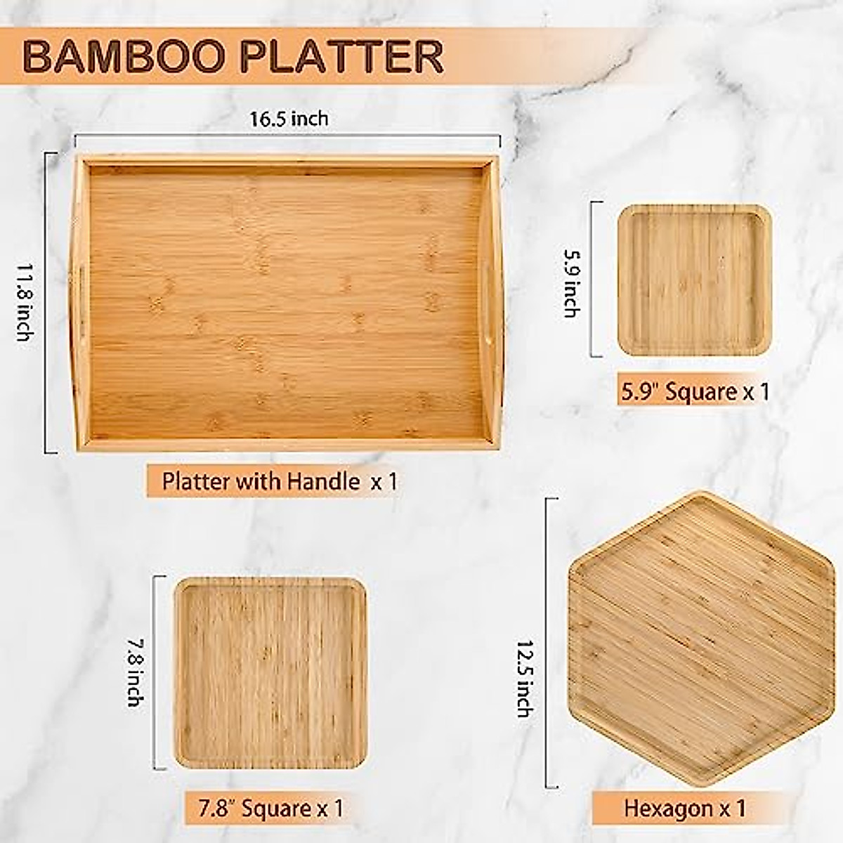 4 Packs Bamboo Serving Tray with Handles, Portable Bed Tray for Breakfast Dinner, Eating Trays for Living Room,Restaurants