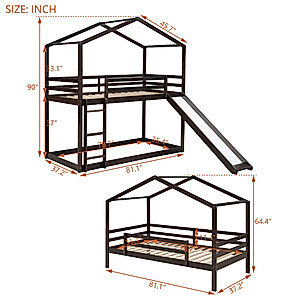 Harper & Bright Designs House Bunk Bed with Slide, Solid Wood Kids Bunk Beds Twin Over Twin with High Guardrail, Able to Split, Kids Loft Bunk Bed for Girls Boys, Easy Assembly,Espresso