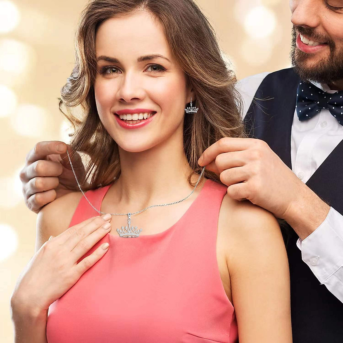 Sterling Silver Round Cubic Zirconia Crown Dangle Earrings for Women Queen Jewelry Mothers Day Gifts for Mom Valentines Christmas Birthday Jewelry Gifts for Wife Girlfriend