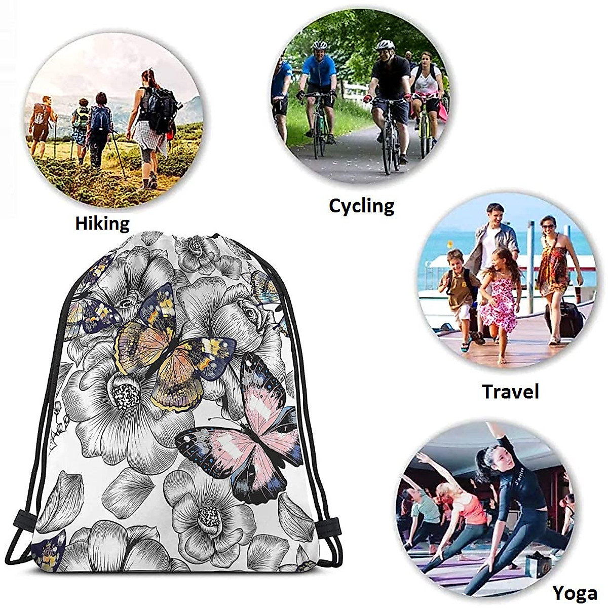 Beabes Colorful Butterflies Drawstring Bags Backpack Bag Flowers Bird Animal Beautiful Wings Magic Art Hand Painted Sport Gym Sack Drawstring Bag String Bag Yoga Bag for Men Women