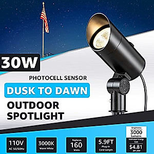 SUNVIE 30W Spot Lights Outdoor 120V Dusk to Dawn Outdoor LED Spotlight Plug in with Photocell Sensor 3000K Waterproof Bright Flag Pole Light for Yard Tree Garden Landscape Lighting with Stake 6FT Cord