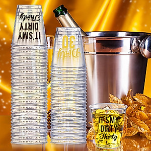 RUMIA 100 Pcs 30th Birthday Shot Glasses 30th Birthday Decorations for Men Women Dirty 30 Birthday Shot Glasses 2 oz Plastic Disposable Cups 30th Birthday Party Favors Gifts Anniversary Wedding Décor