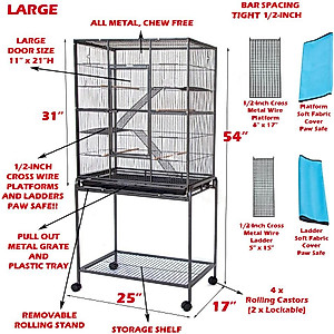 54" Large Wrought Iron 4-Level Chew-Proof Tight 1/2-inch Wire Spacing Ferret Squirrel Chinchilla Sugar Glider Rats Mices Rabbit Squirrel Hamster Cage Easy Clean Pull Out Tray Removable Rolling Stand