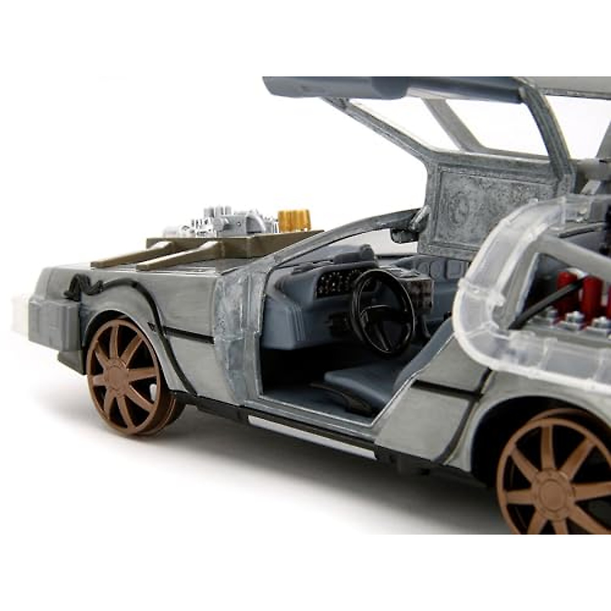 Delorean Brushed Metal Time Machine (Train Wheel Version) with Lights Back to The Future Part III (1990) Movie Hollywood Rides Series 1/24 Diecast Model Car by Jada 34996