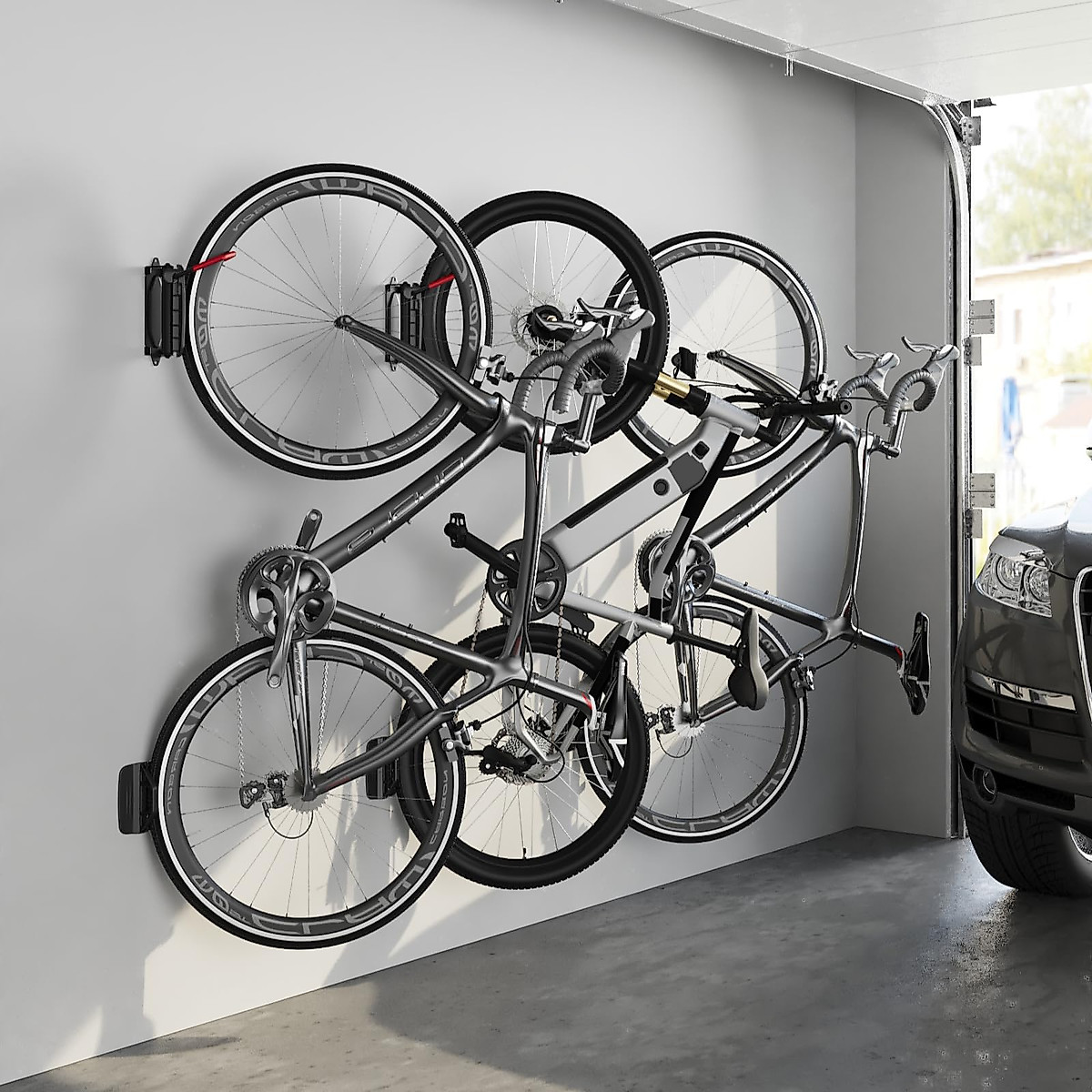 monTEK Swivel Bike Wall Mount, Bike Hangers for Garage, Wall Mount Bike Rack, Space Saving Sturdy Wall Bike Rack, Vertical Bike Rack Holds Up to 66 lbs - Bike Storage Rack for Garage, Red, 4 Pack