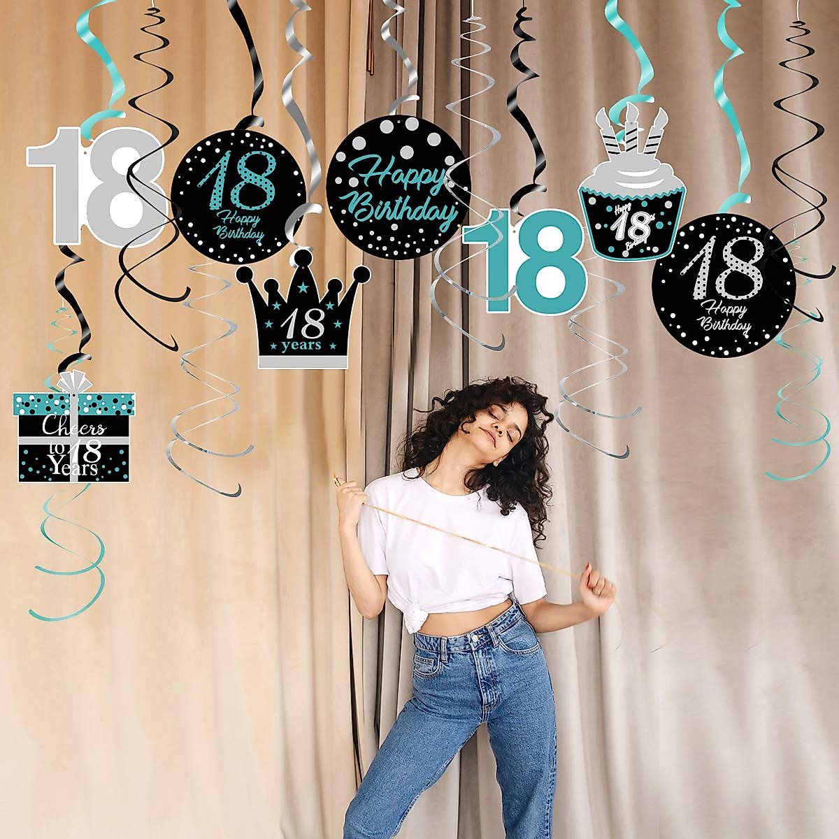 18th Birthday Decorations for Girls Teal Silver Black 18th Birthday Hanging Swirls 18th Birthday Decorations for Teal Silver 18 Years Old Party Supplies for Her