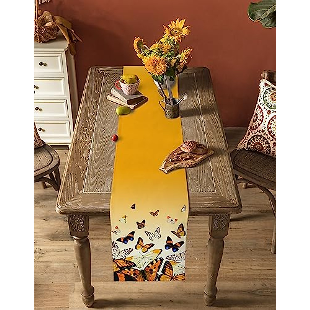 Lsrtoss Orange Ombre Table Runner 72 Inches Long Farmhouse Dress Scarves, Orange Brown Butterfly Modern Abstract Art Dining Tablerunner for Coffee Table/Kitchen Island/Party Décor, 13" x 72"