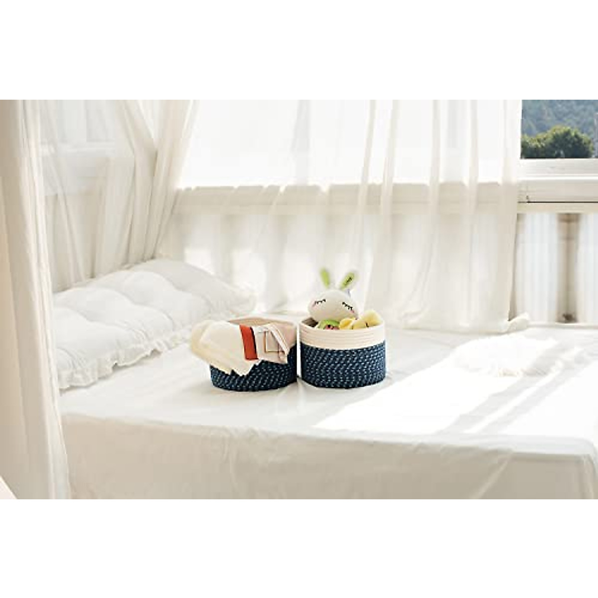 LixinJu Small Baskets for Organizing Small Woven Basket Set of 2 Blue Small Rope Basket Set with Handle for Toy Cotton Round Storage Kids Baby Dog Cat Gifts, 9.5"x9.5"x7"