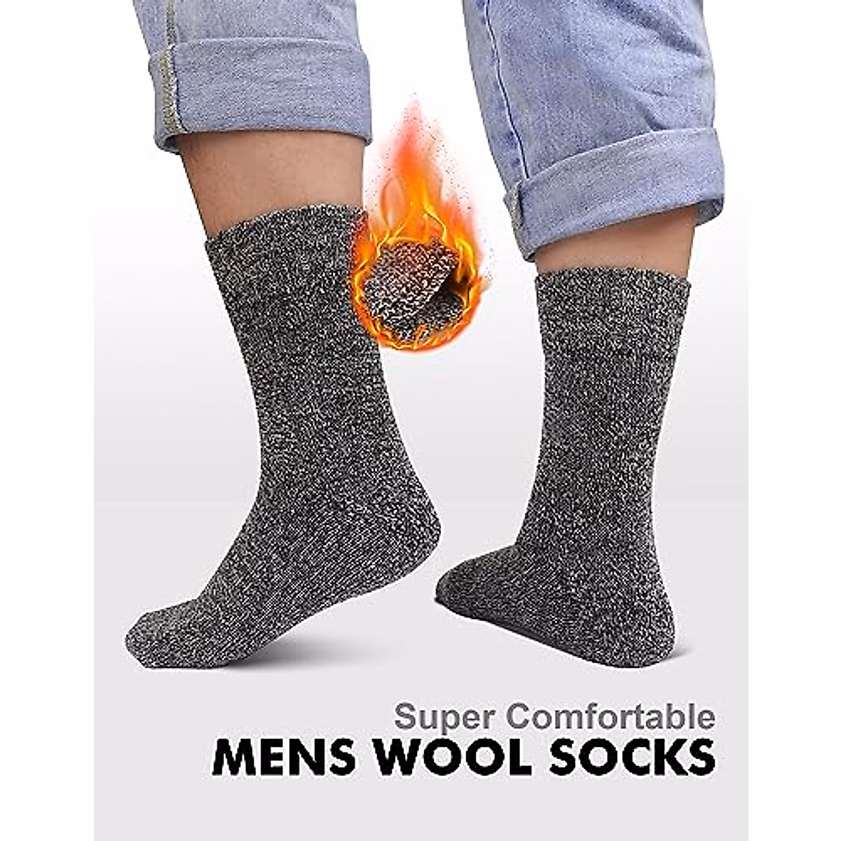 UUMIAER 5 Pairs Wool Socks Mens, Thermal Hiking Socks Thick Warm Winter Socks Soft Crew Socks (US Size 7-13)