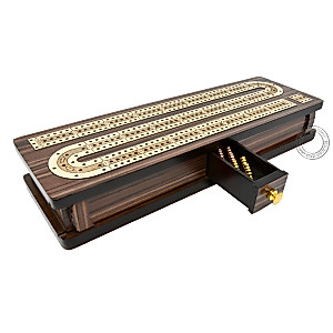 House of Cribbage - Continuous Cribbage Board/Box Inlaid in Rosewood/Maple 12" - 3 Tracks - Sliding Lid Drawer