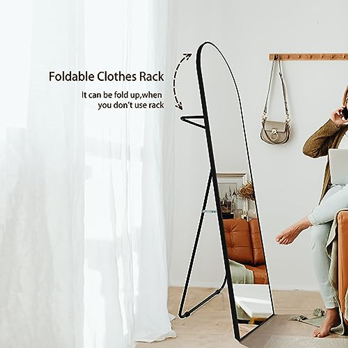 TRAHOME Arched Full Length Mirror with Foldable Clothes Rack,Large Floor Mirror with Aluminum Alloy Frame for Door Bedroom Bathroom Living Room (60x20-Black)