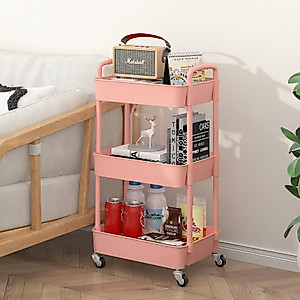 Sywhitta 3-Tier Plastic Rolling Utility Cart with Handle, Multi-Functional Storage Trolley for Office, Living Room, Kitchen, Movable Storage Organizer with Wheels, Pink