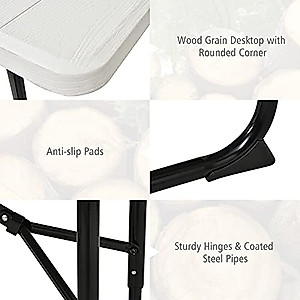 Tangkula Folding Picnic Table with 2 Benches, Outdoor Metal Camping Table Set with Plastic Wood-Like Texture Tabletop & Steel Frame, Foldable Camping Table for Picnic, Party, BBQ (White)