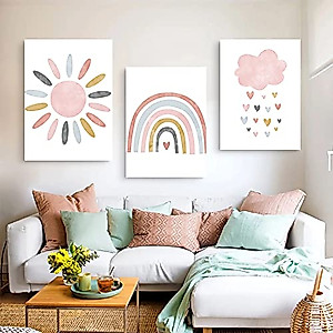 Nicjoy Pink Cloud Sun Rainbow Poster Nursery Wall Art Print Child Canvas Painting Nordic Pictures Kids Room Home Decor 3Psc/set (8x12inchx3(20x30cmx3),No Frame)