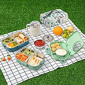 VANDHOME Bento Lunch Box Stainless Steel with Utennsil & Bag - 3 Compartment 37oz Compact Lunch Containers, BPA-Free, Dishwasher Freezer Safe - Blue