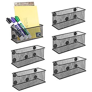 MyGift Matte Black Metal Magnetic Marker Holder for Whiteboard, Office Supplies and Accessory Storage Mesh Baskets for Fridge, Set of 6