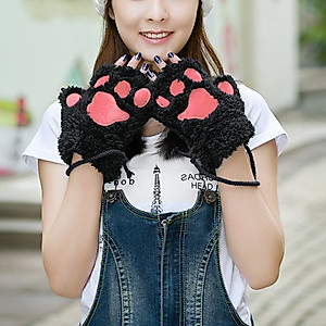 Loritta 2 Pairs Cat Paw Winter Plush Faux Fur Cute Kitten Fingerless Mittens Gloves,Black+Gray(2 Pairs)