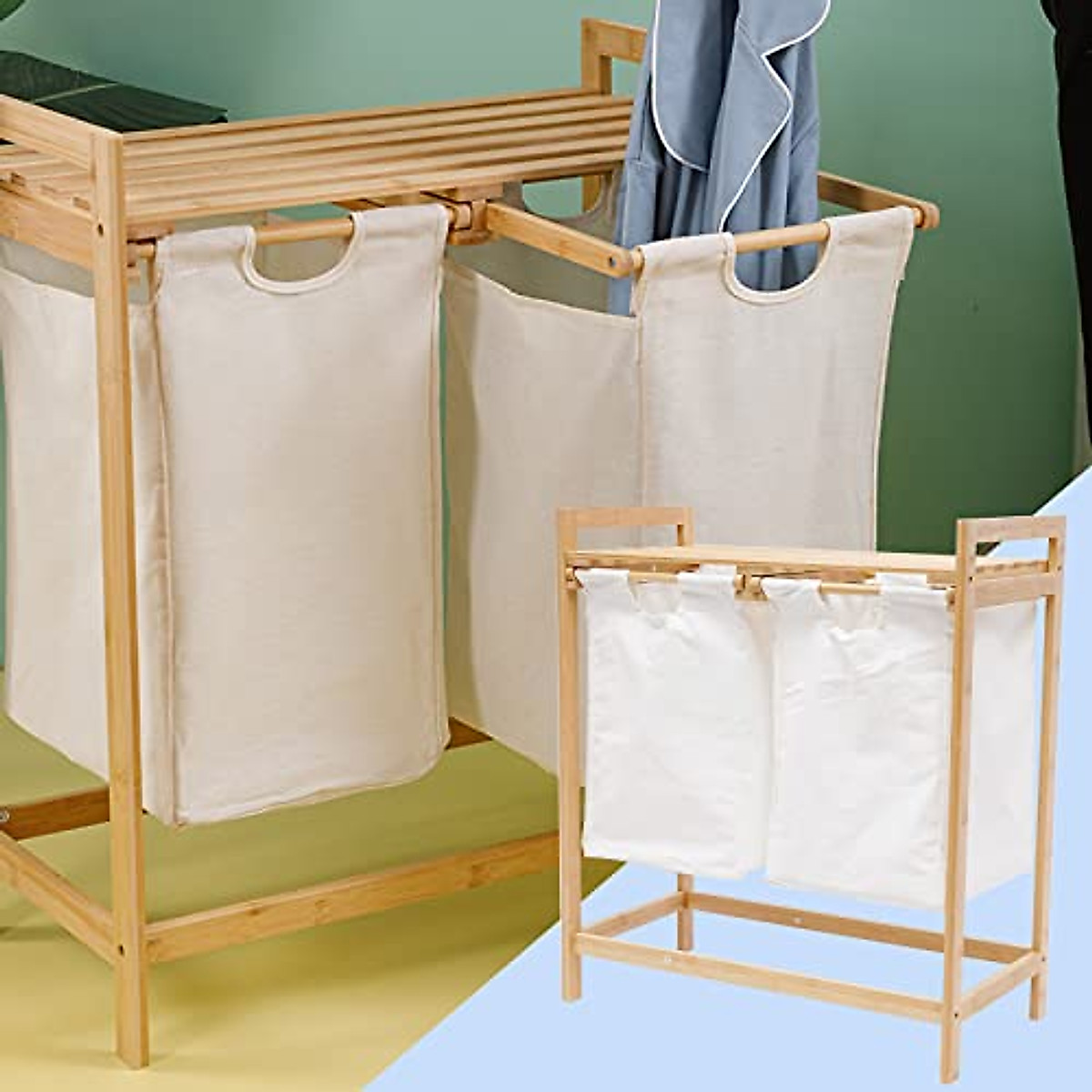 Bamboo Laundry Hamper with Dual Compartments,2 Section Floor Stand Bathroom Storage Shelf Cabinet with Removable Sliding Bags & Shelf Large Freestanding Portable Laundry Basket Hamper Organizer