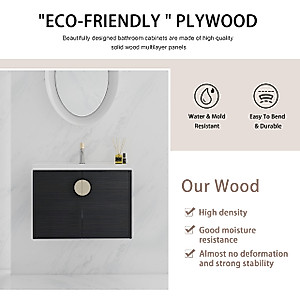 28-Inch Wall Mounted Bathroom Vanity with Sink Combo Modern Single Bathroom Vanity Set with Top Ceramic Basin & Storage Cabinet Wood Hanging Bath Cabinet w/Resin Sink for Bathroom (Black-28 Inch)