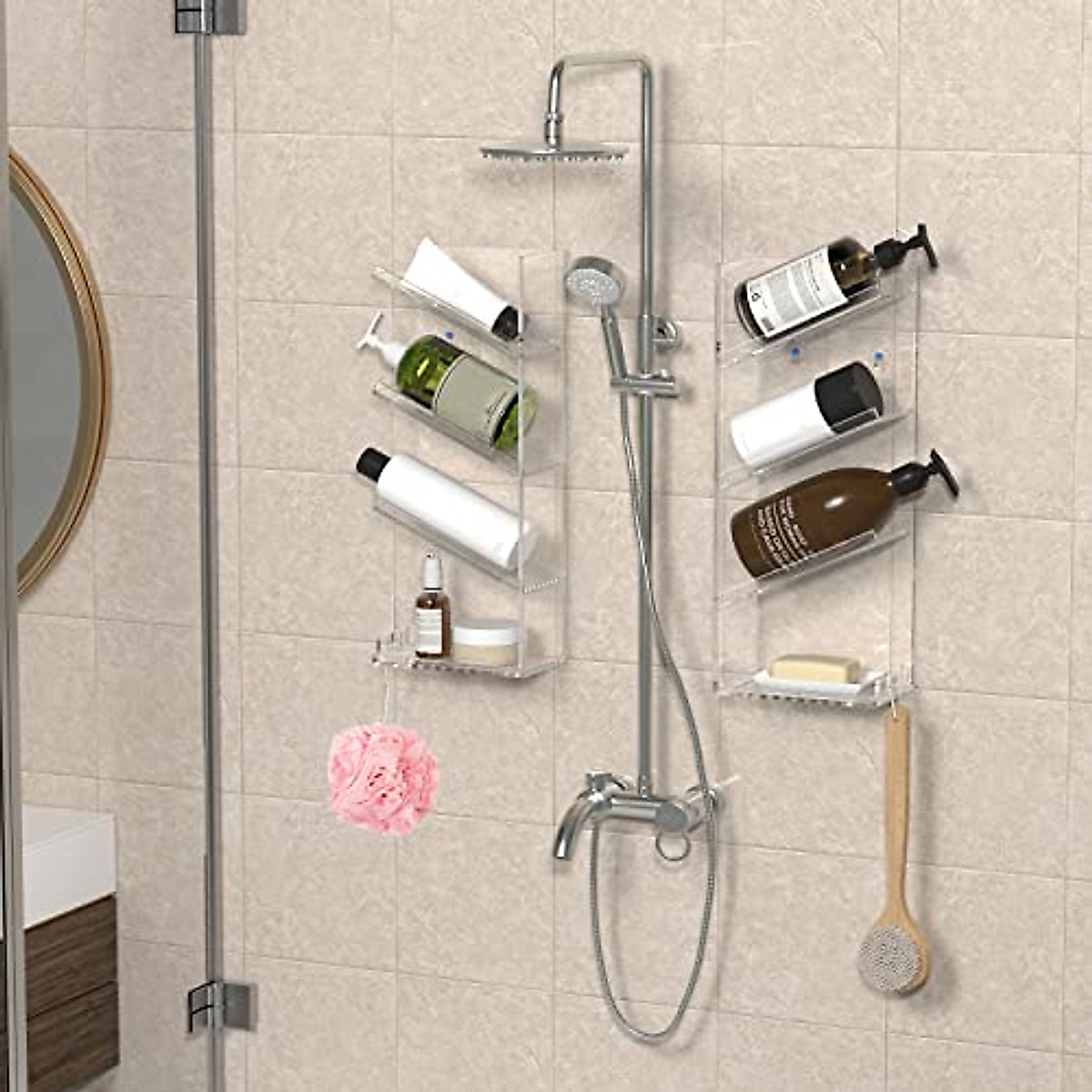 AITEE Acrylic Bathroom Organizer Shower Caddy, Clear Shampoo Holder Organizer Shelf Wall Mounted, Shower Organizer with Suction Cup, No Drilling and Rustproof, Sturdy and Durable - Combination Shelf