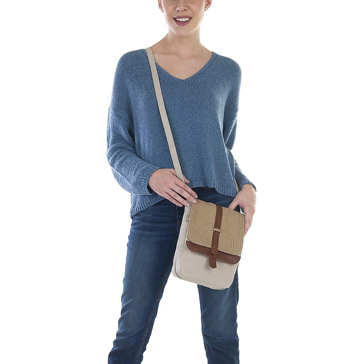 Mona B Canvas Handbag for Women | Zipper Bag | Crossbody Bag | Stylish Vintage Recycled Upcyled Bags Women (Brown-Rowen)