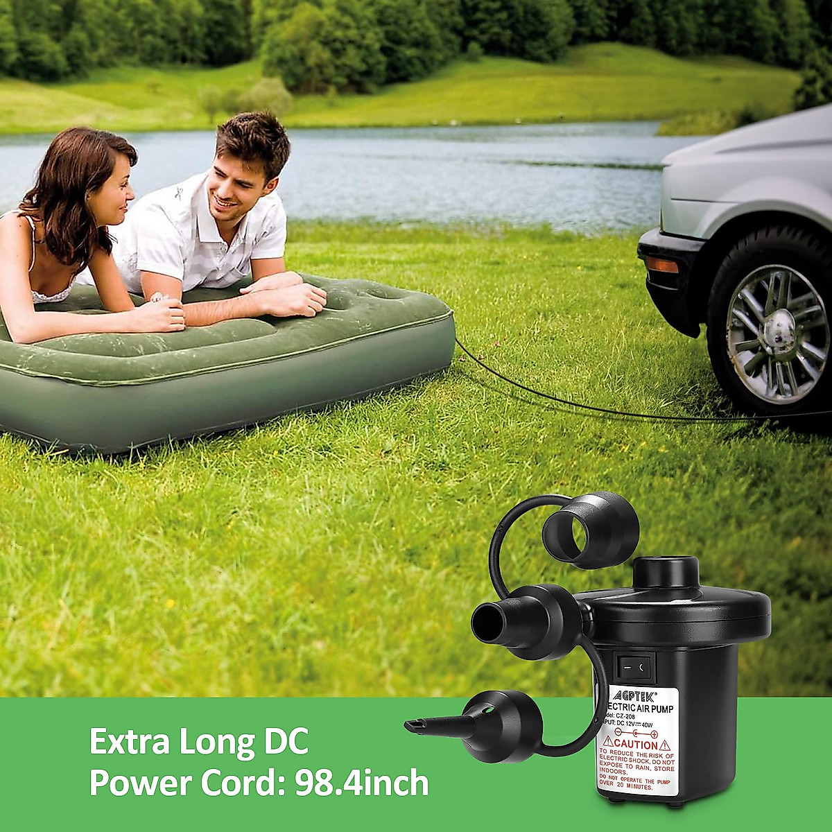 Electric Air Pump, AGPtEK Portable Quick-Fill Air Pump with 3 Nozzles, 110V AC/12V DC, Perfect Inflator/Deflator Pumps for Outdoor Camping, Inflatable Cushions, Air Mattress Beds, Boats, Swimming Ring