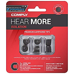 Comply Isolation Plus Memory Foam Earbuds Tips for Sennheiser Momentum/HD 1,IE 800 S,CX 3.00,5.00,6.00BT & 7.00BT with Noise Reduction, WaxGuard, and Secure Fit (Assorted, 3 Pair), Black (19-30204-11)