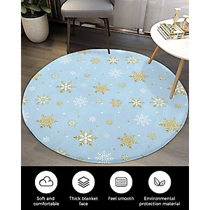 Snowflake Blue Fluffy Round Area Rug Carpets 3.3ft, Plush Shaggy Carpet Soft Circular Rugs, Non-Slip Fuzzy Accent Floor Mat for Living Room Bedroom Nursery Winter Christmas Contemporary Gold White
