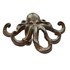 YMAISS Rustic Brown Cast Iron Octopus Hooks,Key Hooks,Sea Theme Hook,Coastal Hook,Antique Old Shabby Chic Cast Iron Hooks, Decorative Swimming Octopus Tentacles Key Hook Matching Screws Included
