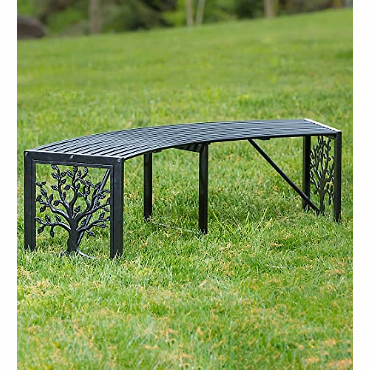 Plow & Hearth Weatherproof Tree of Life Outdoor Backless Curved Bench | Holds Up to 300 lbs | Garden Patio Porch Park Deck | Metal | Black | 55" L x 15½"W x 16" H
