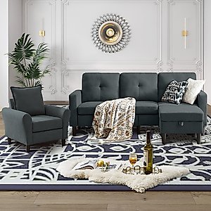 Chireca Convertible Sectional Sofa Set, Small L Shaped 3-Seat Couch with Reversible Chaise and Accent Chair, Modern Polyester Sofas Couches for Living Room, Dark Grey