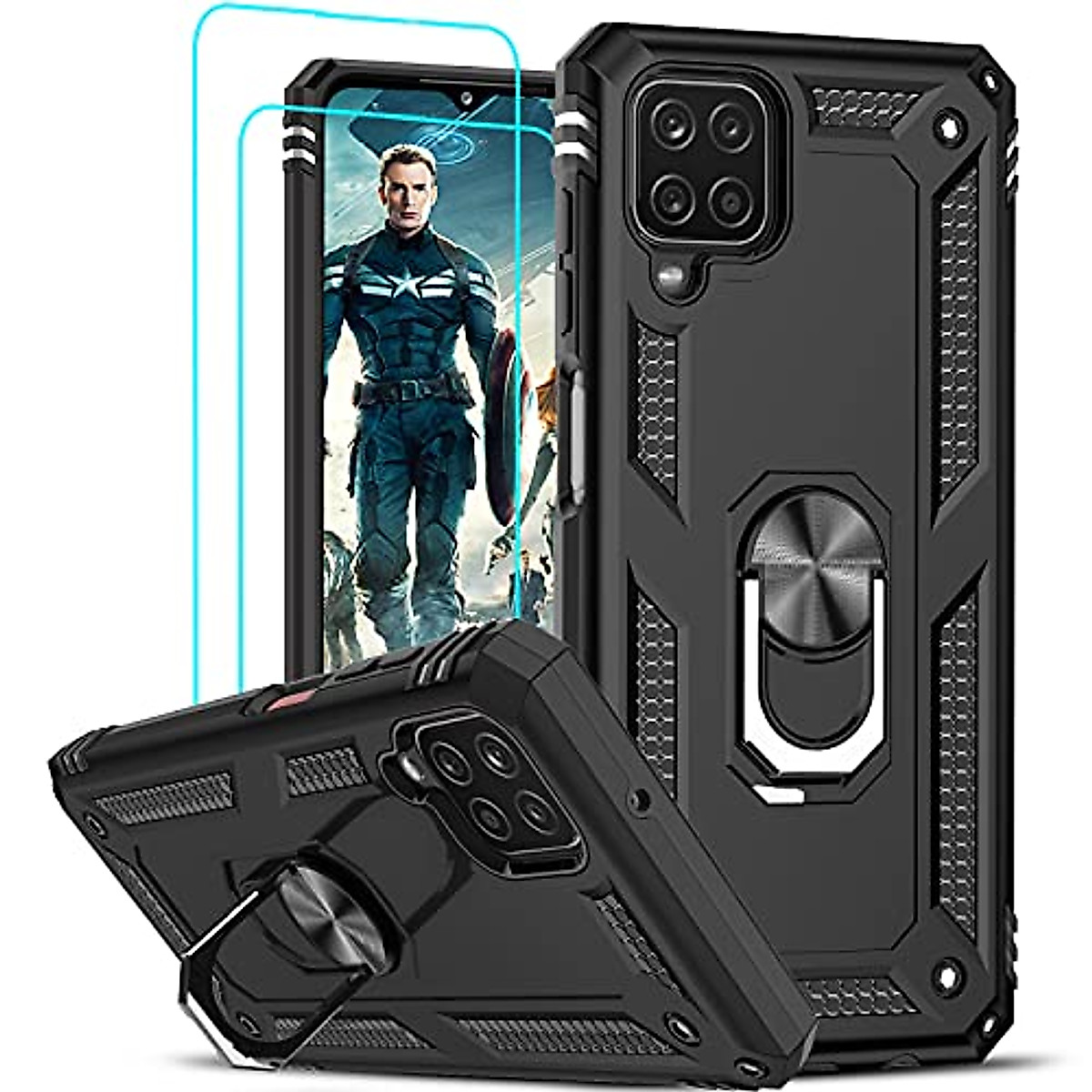 LeYi for Samsung Galaxy A12 Case, Samsung Galaxy A12 Phone Case with [2 Pack] Tempered Glass Screen Protector, [Military-Grade] Ring Kickstand Phone Case for Samsung A 12 5G, Black