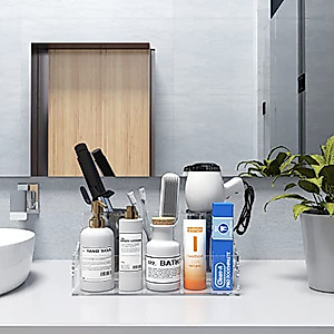 XQIGI Hair Tool Organizer, Acrylic Hair Dryer Styling Organizers,Clear Bathroom Blow Dryer Stand Holder with 2 Cups and Pearls, Countertop Storage for Toiletry Accessories Brushes(Clear)