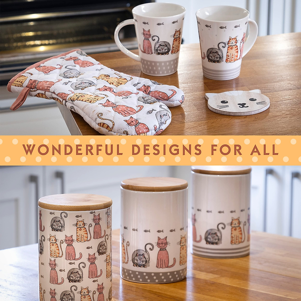 SPOTTED DOG GIFT COMPANY Cat Mugs, Cat Coffee Mug Set, 12 oz Cute Ceramic Porcelain China Coffee Tea Mugs Cups, Happy Cats Themed Gifts for Cat Lovers and Animal Lovers Women Men, Set of 2