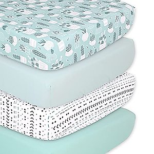 The Peanutshell Fitted Crib Sheet Set for Baby Boys or Girls | Unisex 4 Pack Set | Cactus, Succulents & Pastel Green