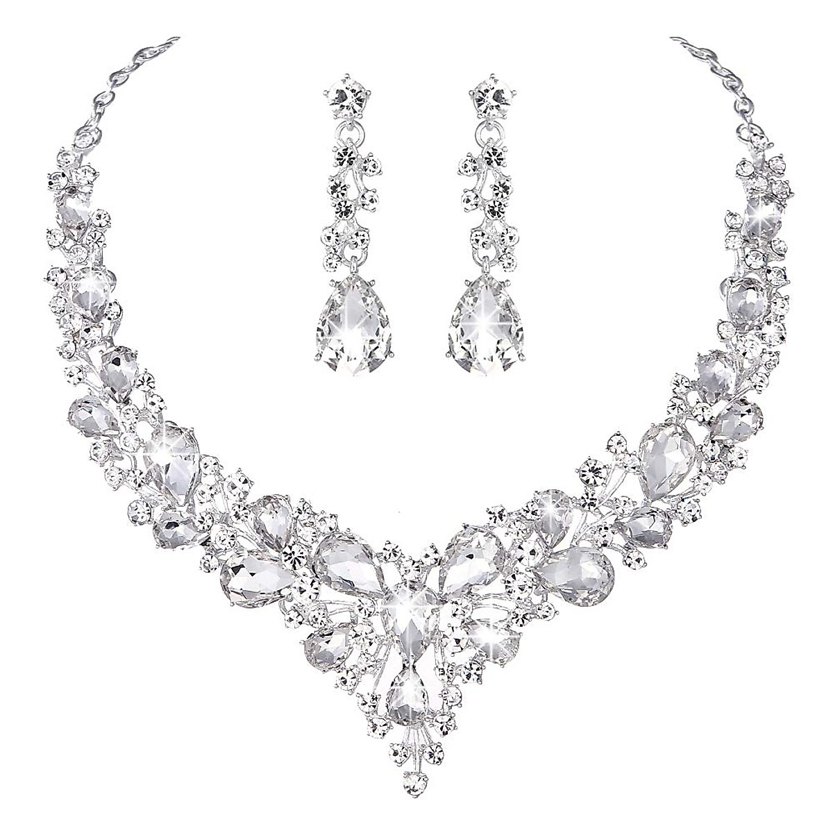 Molie Bridal Austrian Crystal Necklace and Earrings Jewelry Set Gifts fit with Wedding Dress(Clear)