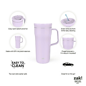 Zak Designs Harmony Tumbler for Travel or At Home, 20oz Recycled Stainless Steel is Splash-Proof and Vacuum Insulated with Slide Lid and Handle (Smoky Lilac Purple)