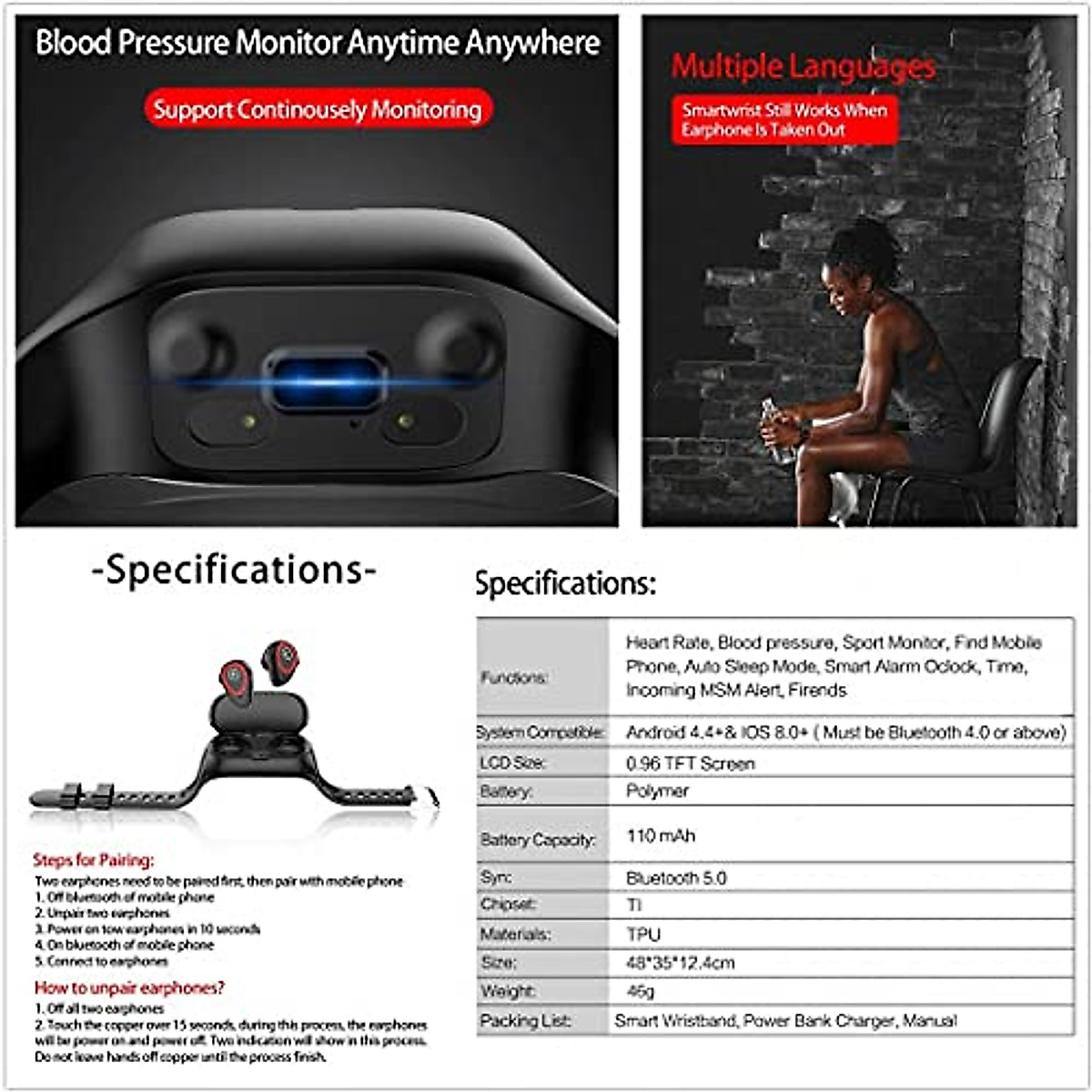 M1 2 in 1 Smart Bracelet Wireless Bluetooth Headset Combo Running Music Wristband Earphone Heart Rate Blood Pressure Fitness Tracker (Black)