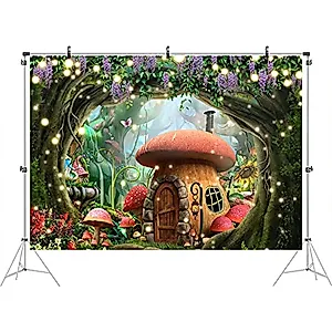 Ticuenicoa 7x5ft Cartoon Mushroom Backdrop Spring Enchanted Fairytale Forest Backdrops Kids Birthday Party Decorations Easter Supplies Children Newborn Wonderland Baby Shower Fantasy Banners