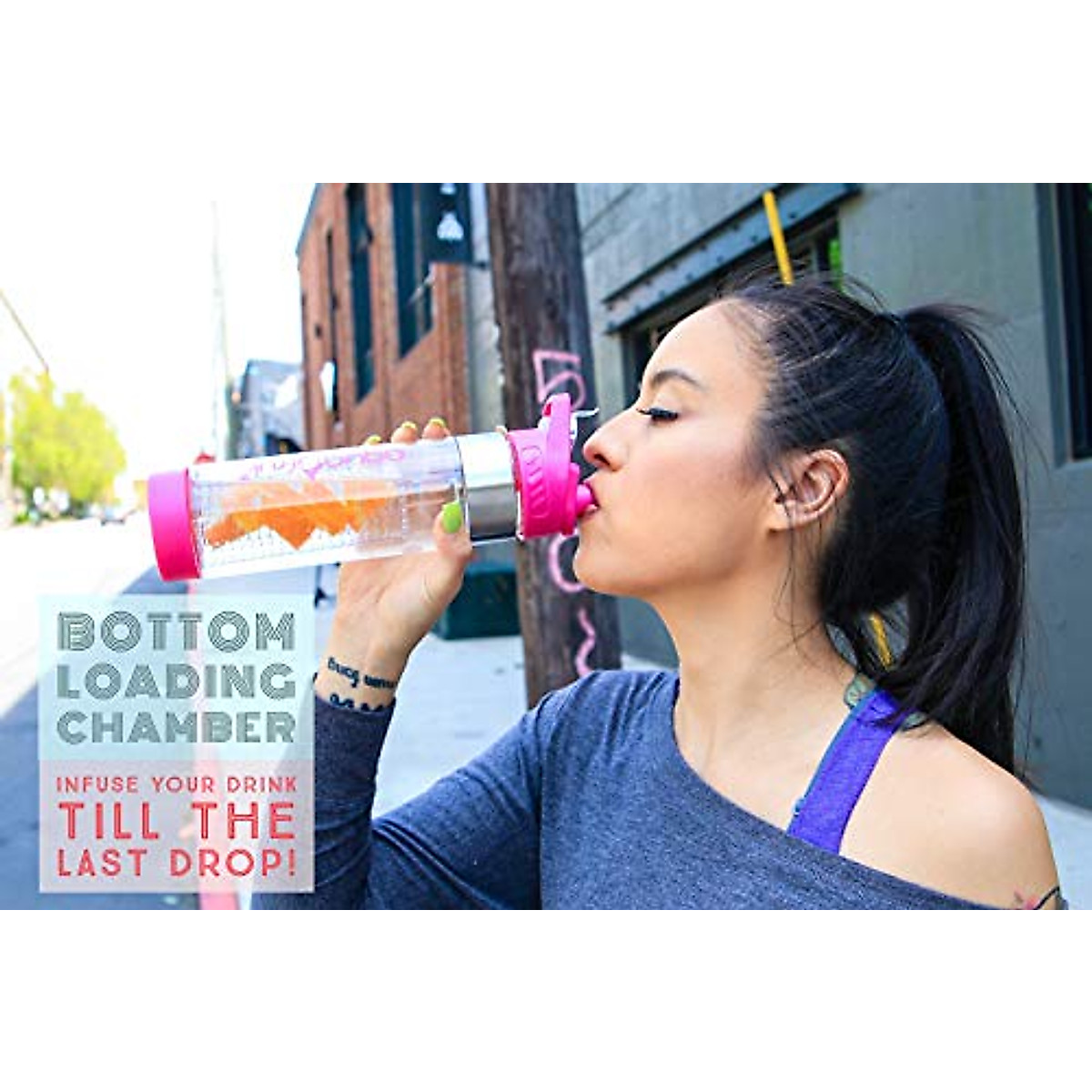 NEW AquaFrut Bottom Loading Fruit Infuser Water Bottle - BPA Free Tritan Plastic - Leak Proof - 24 OZ - Infusion Recipe eBook (Pink)
