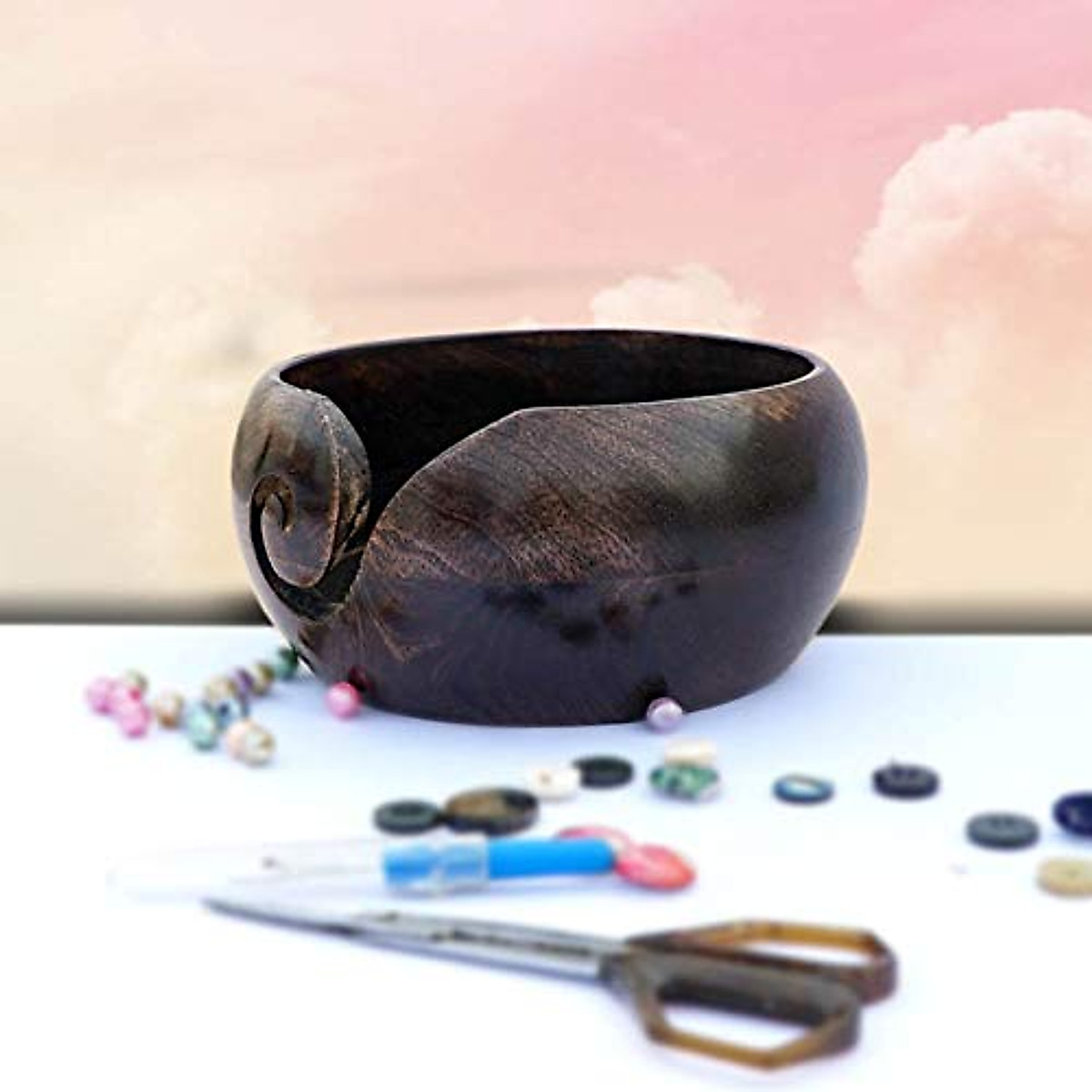 NIRMAN Wooden Yarn Bowl Hand Made by Indian Artisans with Premium Mango Wood for Knitting and Crochet (6" x 6" x 3'')