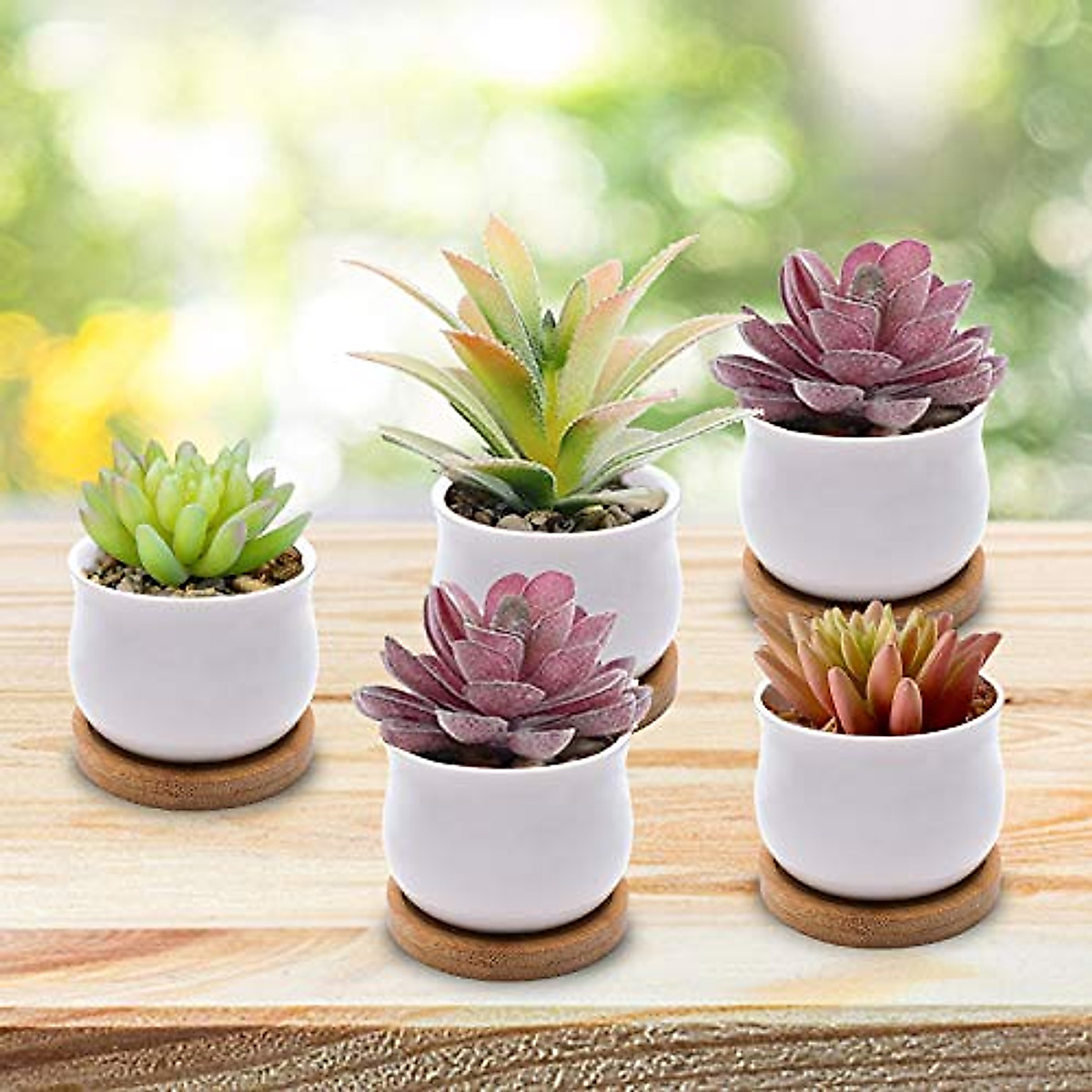 SHECIPIN Succulent Plant Pot, White Mini 2.6 inch Ceramic Flower Planter Pot with Bamboo Tray, Pack of 8 - Plants Not Included