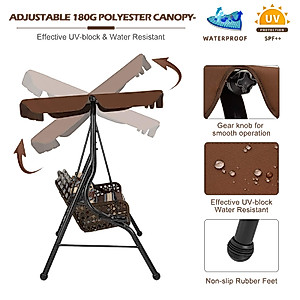 U-MAX 3-Seat Outdoor Patio Swing Chair, Large Converting Canopy Porch Swing Glider, Hammock Lounge Chair for Porch, Rattan Wicker Steel Frame Cushion & Pillow, Brown