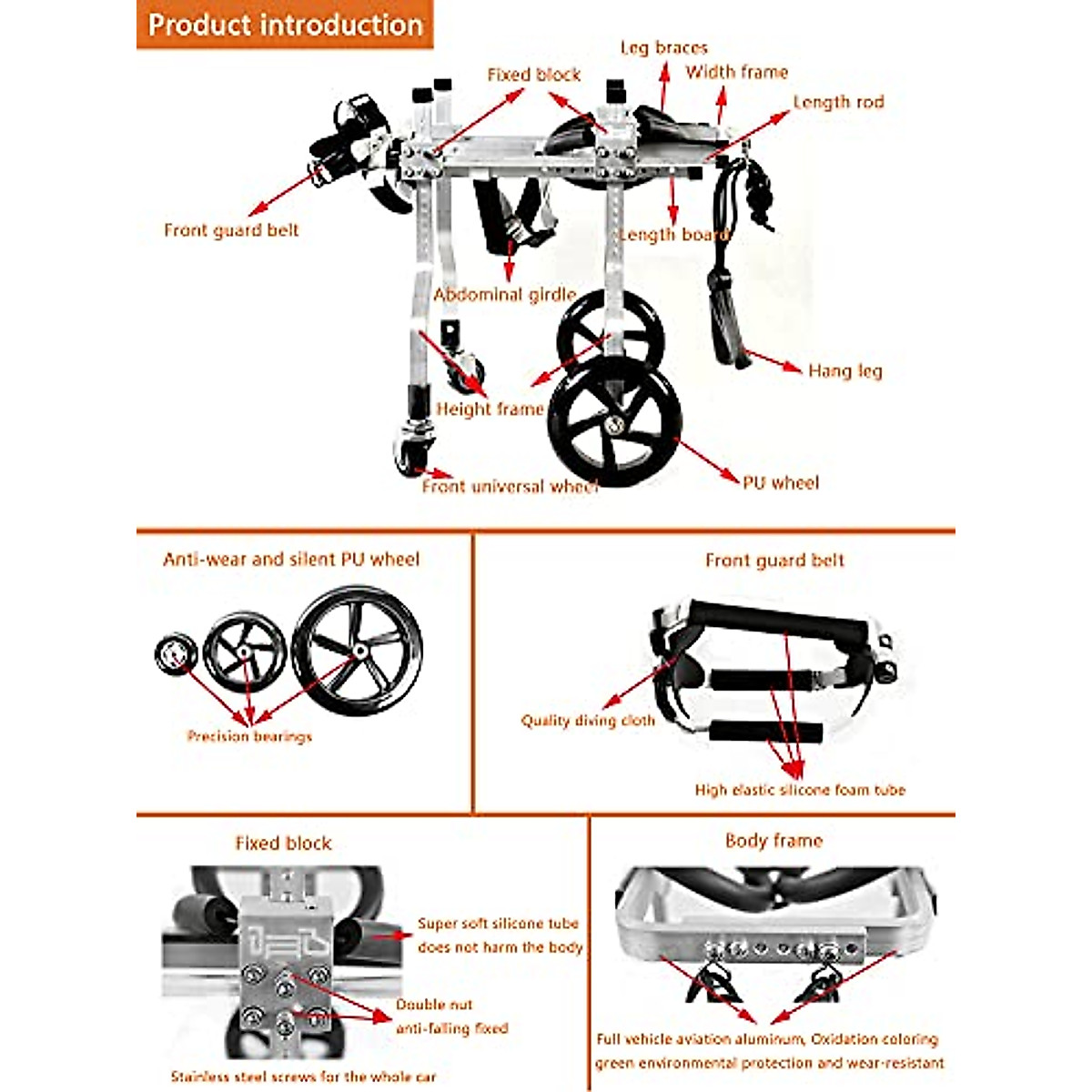 YUEG Dog Wheelchair Four Wheels Adjustable Pet Wheelchair Dogs Front and Hind Leg Rehabilitation Cart Paralyzed Pet Walk Assistant for Handicapped Small Medium Large Dogs L